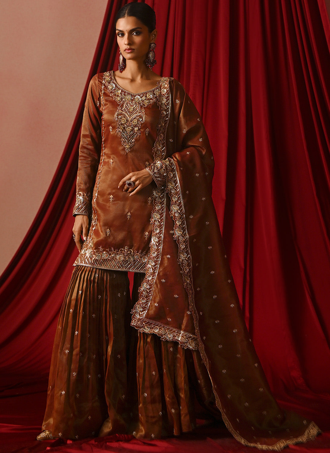 Dark Rust Embroidered Tissue Gharara