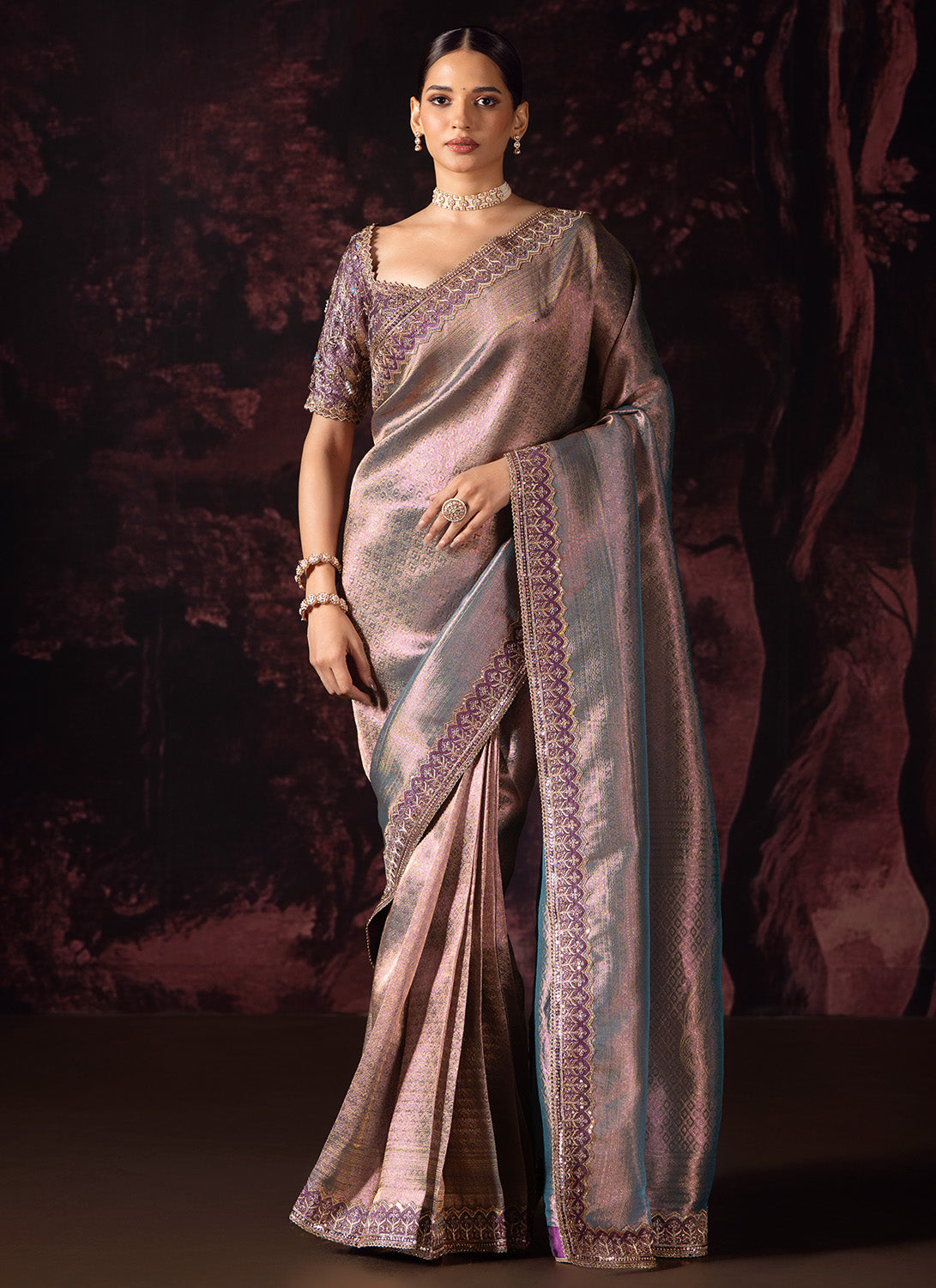 Dusky Purple Embroidered Tissue Saree