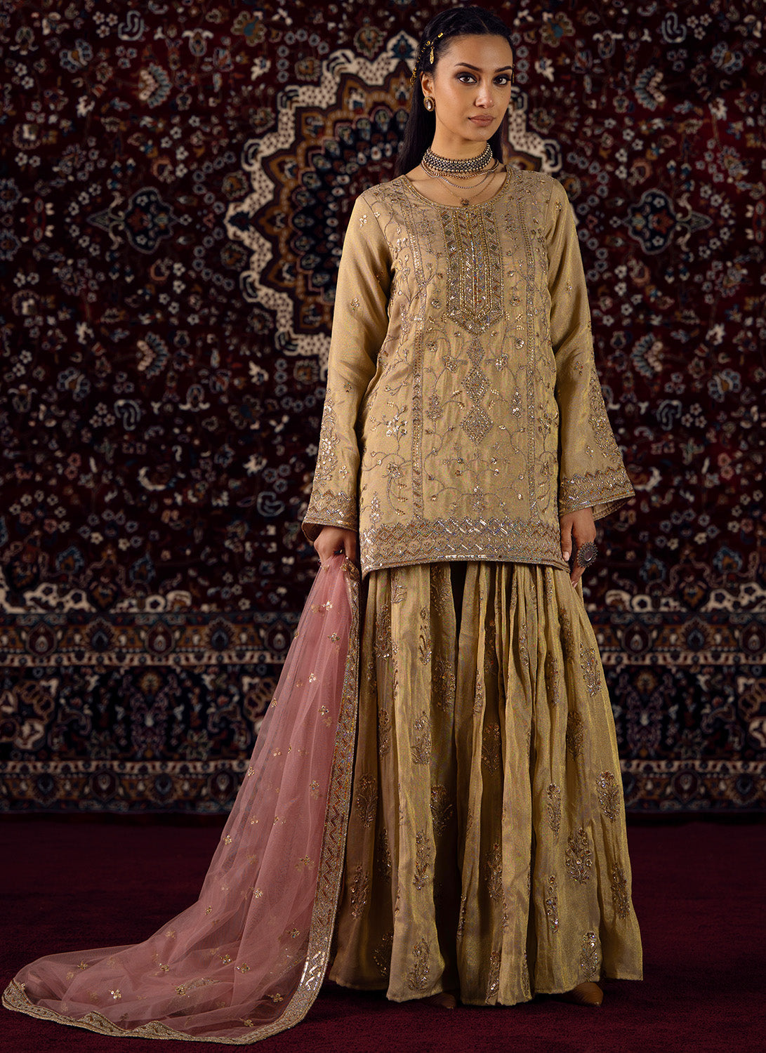 Gold and Soft Pink Embroidered Tissue Gharara Suit