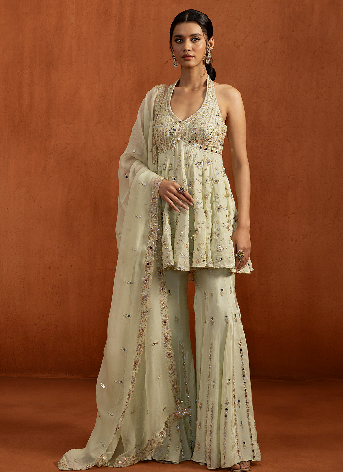 Light Green Embroidered Peplum Style Gharara Suit