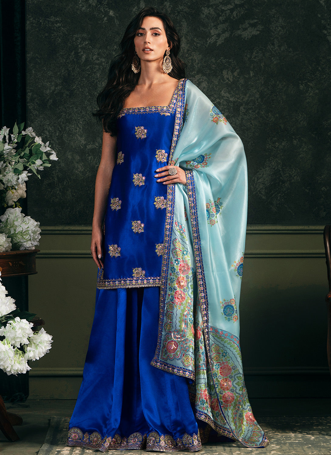 Royal Blue Embroidered Satin Sharara – Lashkaraa India